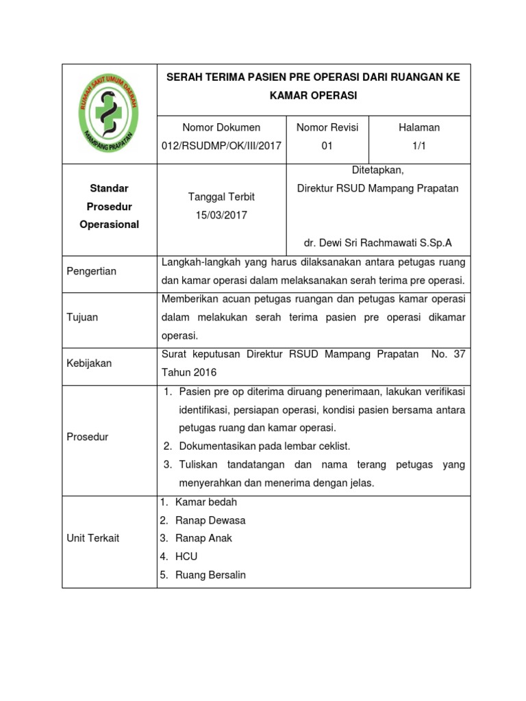 Spo Serah Terima Pasien Pre Operasi Dari Ruangan Ke Ok | PDF