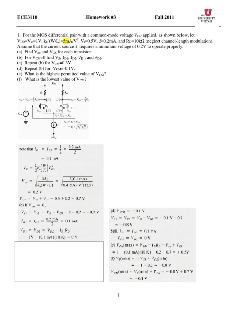 Analysis of a MOS Differential Pair Homework Problem | PDF | Bipolar Junction Transistor ...