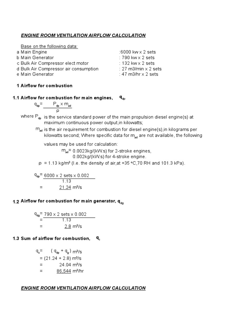 Engine Room Ventilation Airflow Calculation: 1 Airflow For Combustion 1 ...