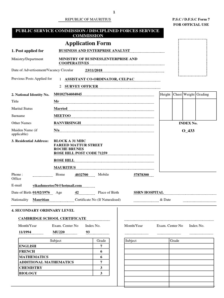 Application Form: Public Service Commission / Disciplined Forces Service Commission | PDF ...