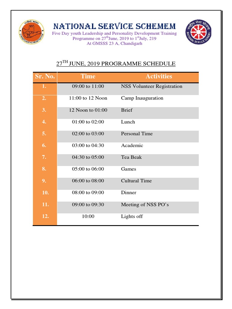 National Service Schemem: Sr. No. Time Activities | PDF | Welfare ...