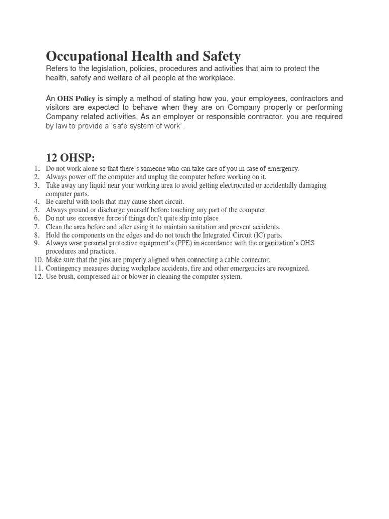Occupational Health and Safety: 12 OHSP | PDF