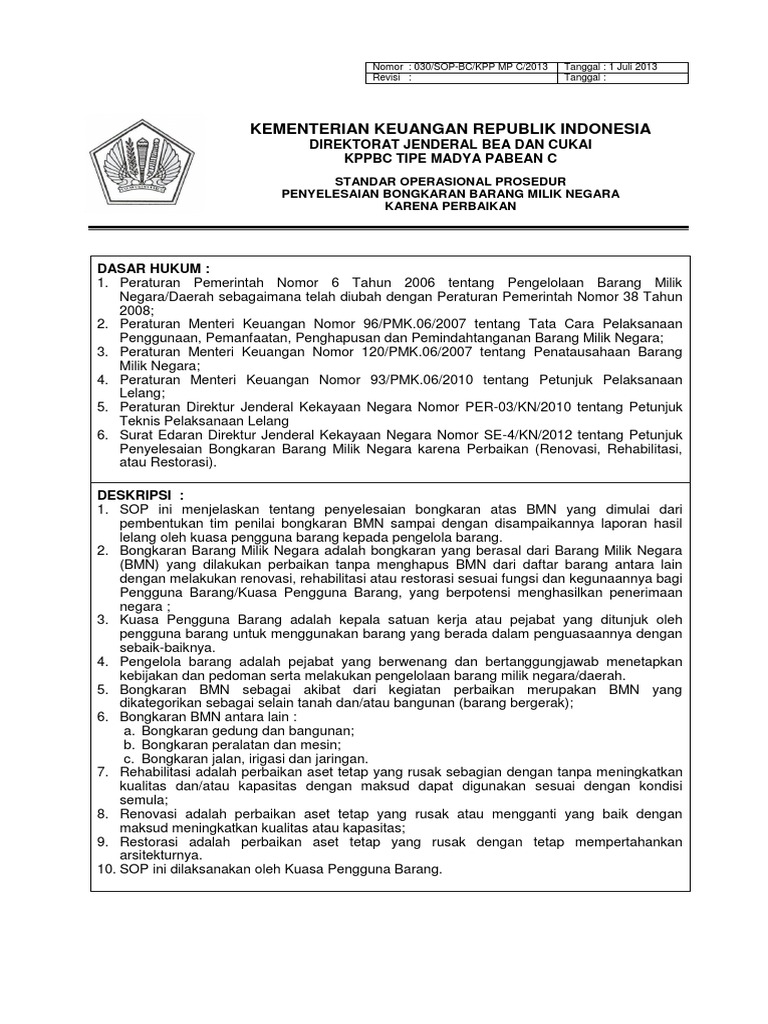 Sop Penyelesaian Bongkaran Barang Milik Negara Karena Perbaikan | PDF