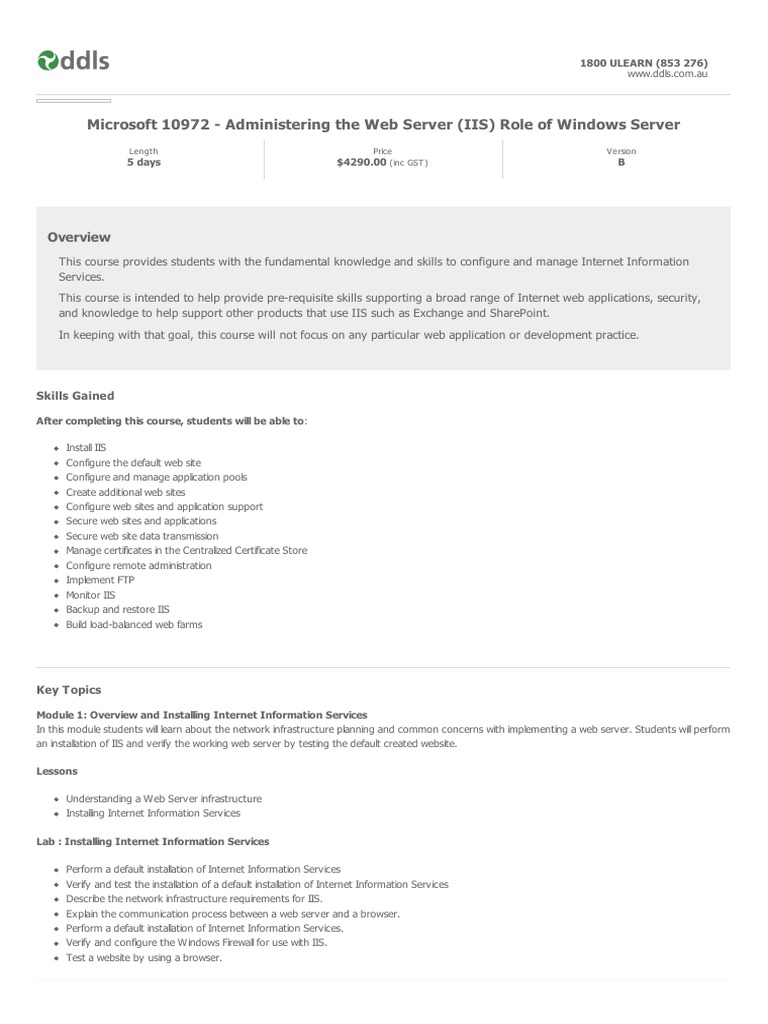 Microsoft 10972 Administering The Web Server IIS Role of Windows Server | PDF | Internet ...