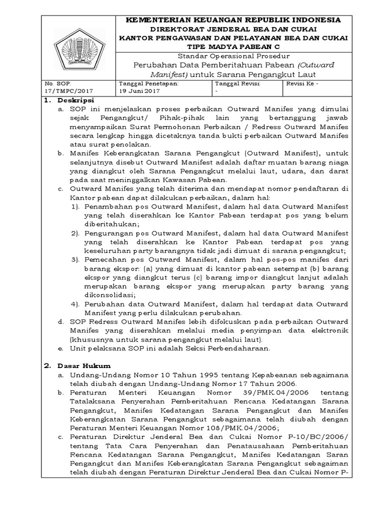Perubahan Data Pemberitahuan Pabean (Outward Manifest) Untuk Sarana ...