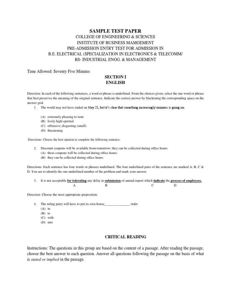 Sample Test Paper Bebs Engineering | PDF | Atomic Orbital | Multiple Choice