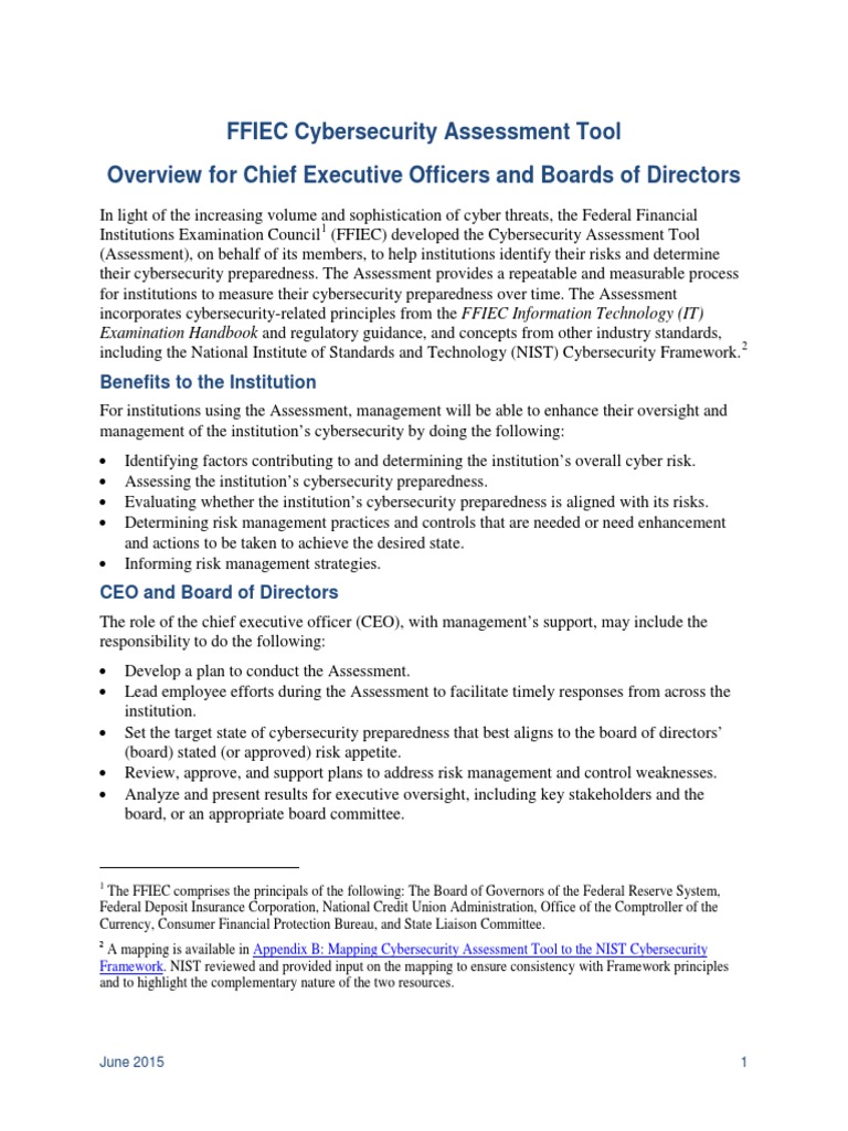 FFIEC Cybersecurity Assessment Tool With Overview and Additional ...