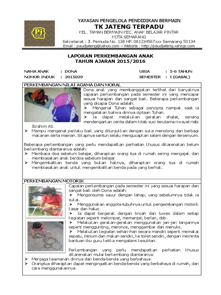 6 Contoh Raport Paud Aka Laporan Semester | PDF