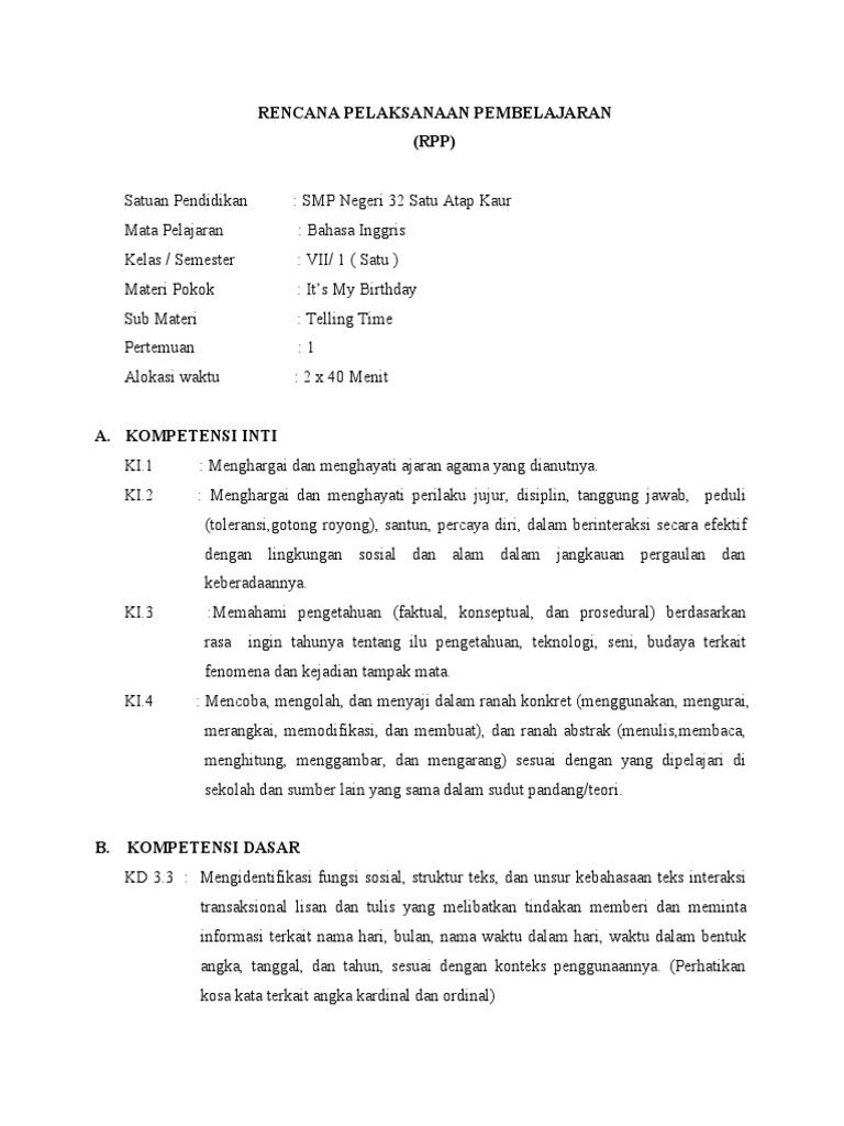 RPP Telling Time Kelas 7 SMP | PDF