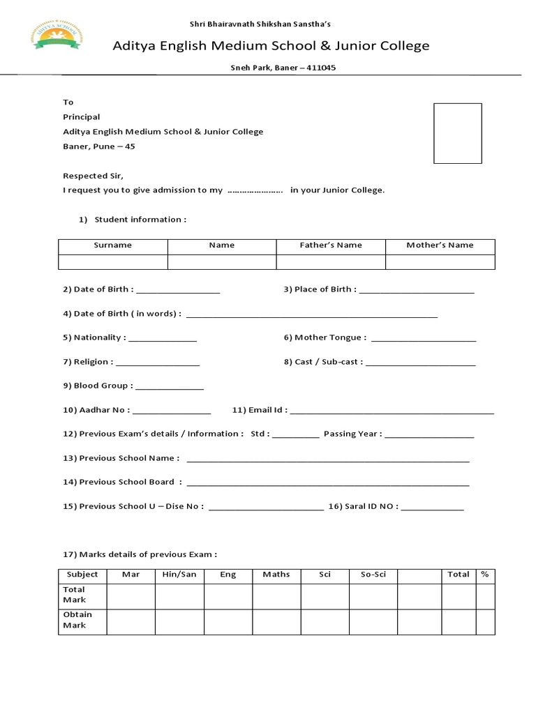 Admission Form for Junior College | PDF | Parent | Relationships