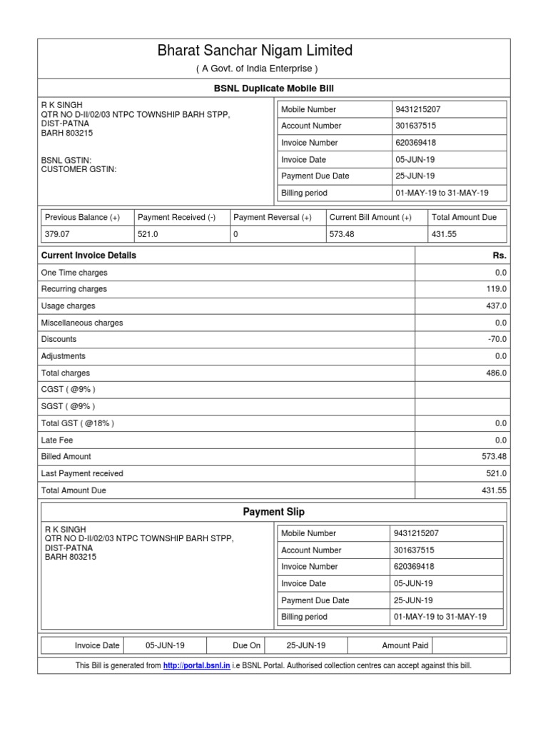 BSNL Bill | PDF | Invoice | Payments