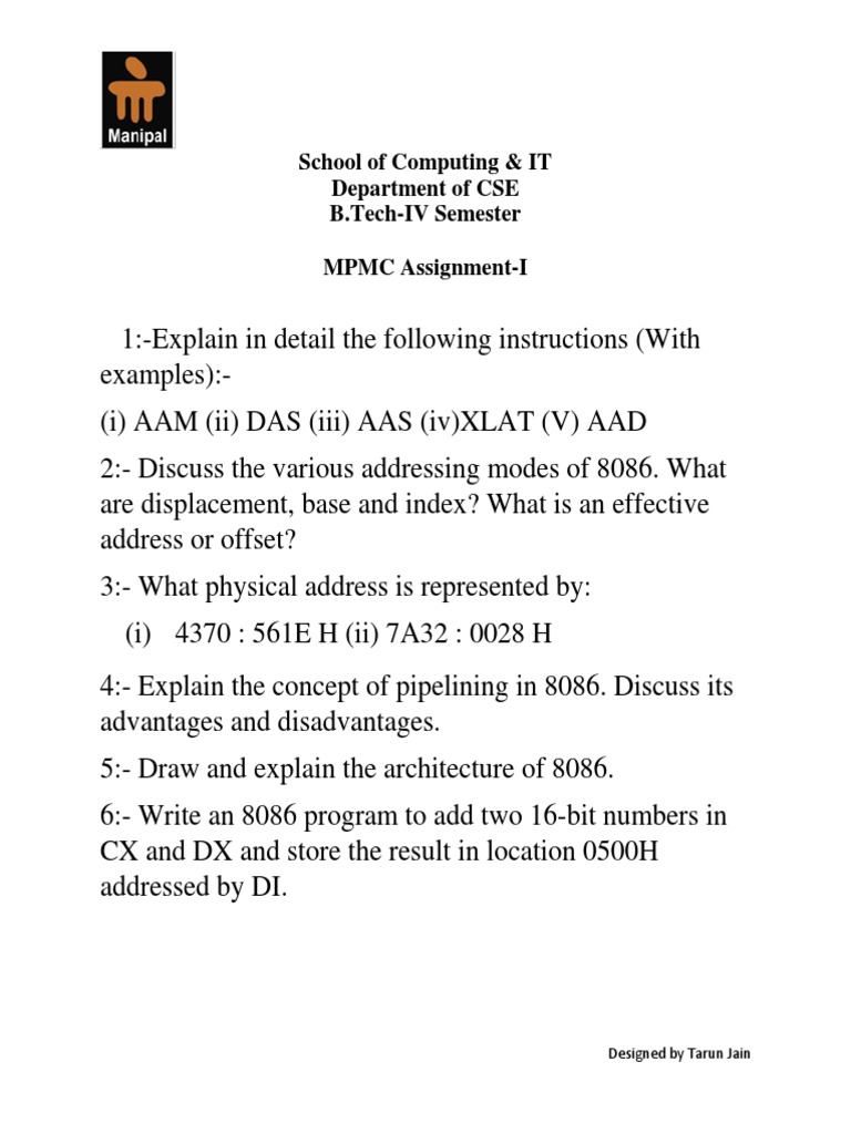 School of Computing & IT Department of CSE B.Tech-IV Semester MPMC Assignment-I | PDF
