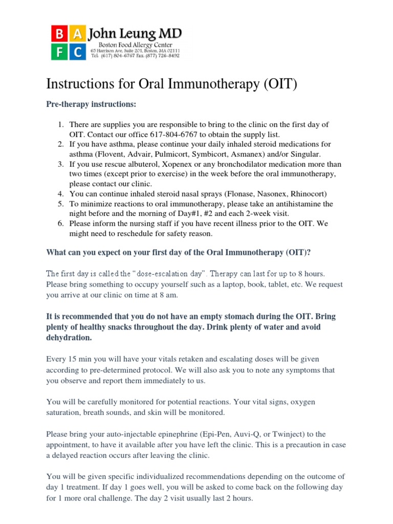 Instructions For Oral Immunotherapy (OIT) | PDF | Epinephrine ...