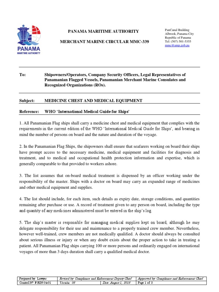 Requirements for Medicine Chests and Medical Equipment on Panamanian ...