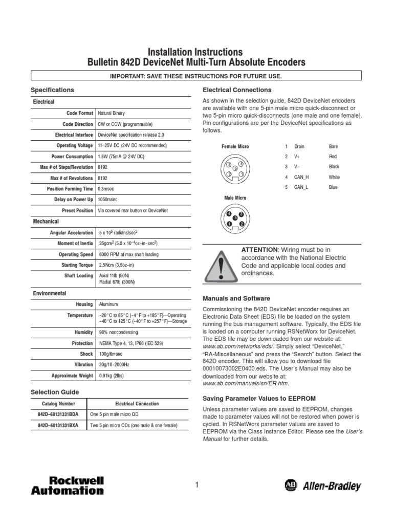 Installation Instructions Bulletin 842D Devicenet Multićturn Absolute ...