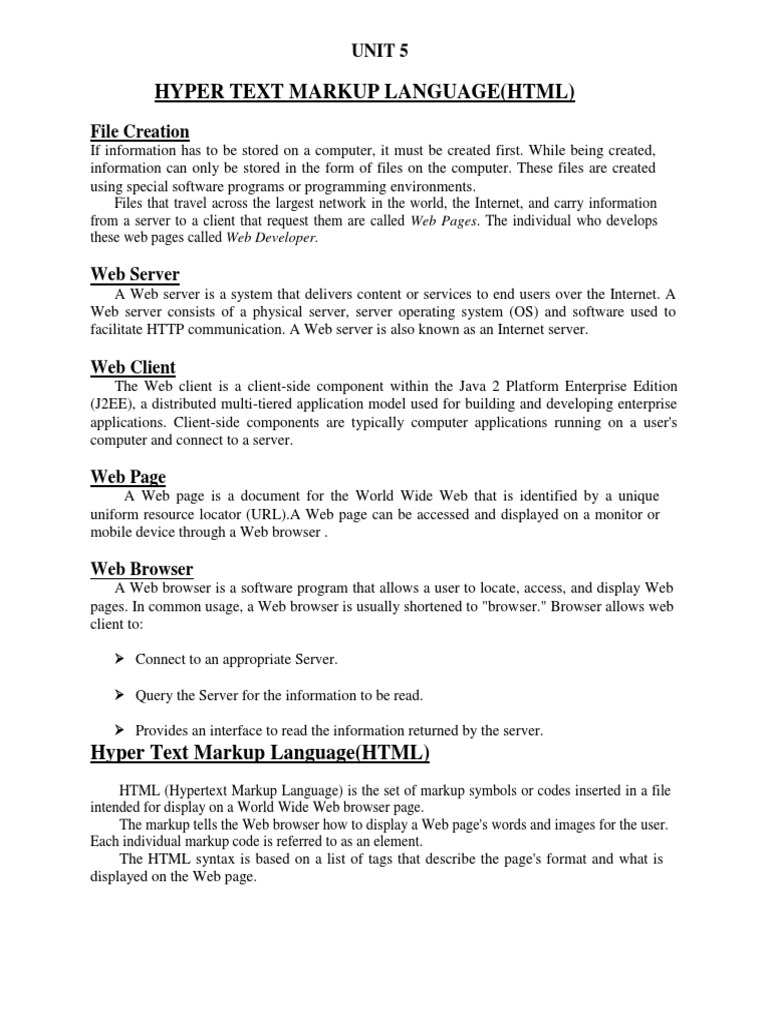 Hyper Text Markup Language (HTML) : Unit 5 | PDF | Html Element | Html