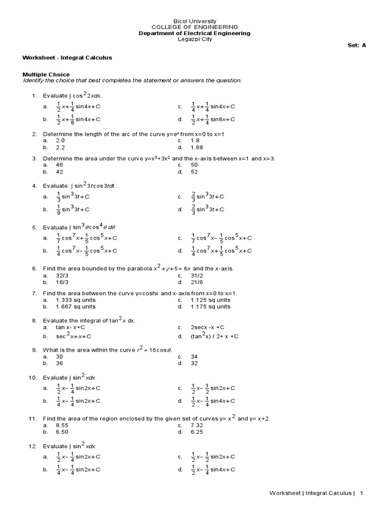 Integral Calculus Worksheet Series | PDF | Cartesian Coordinate System ...