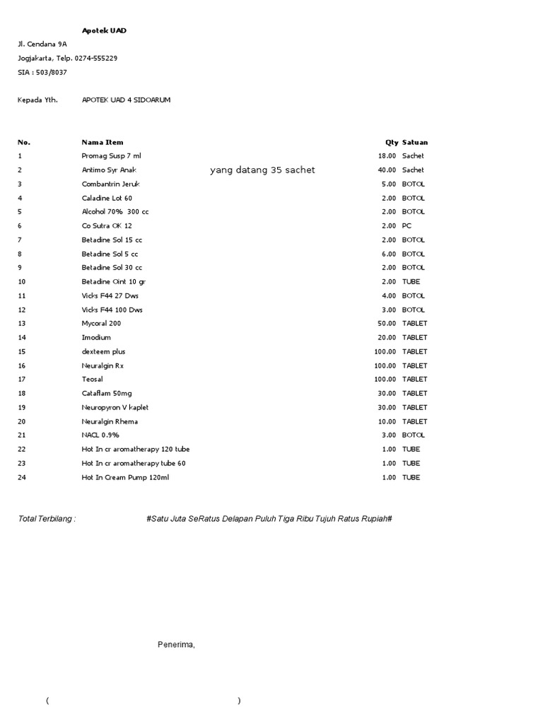 Itemized Invoice for Medication Purchase from Apotek UAD 4 Sidoarum | PDF