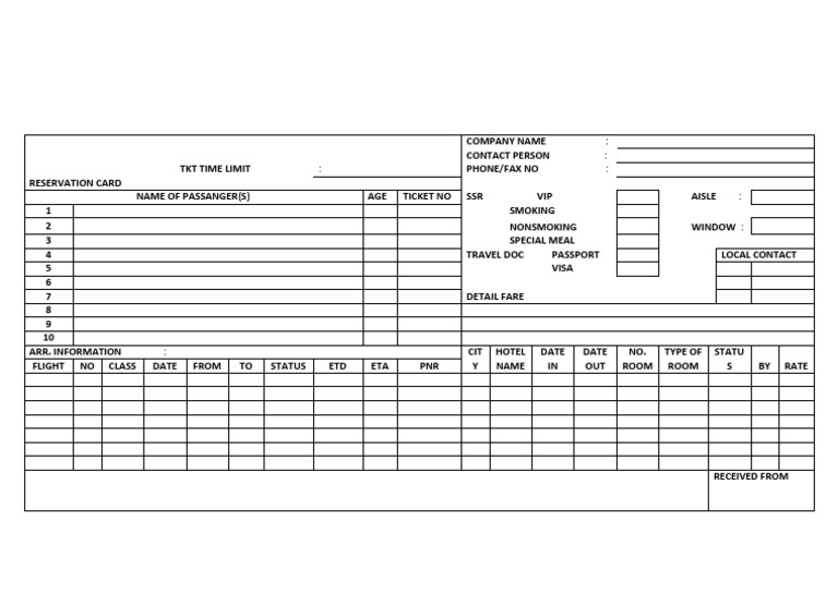 Hotel and Travel Reservation Card Template | PDF