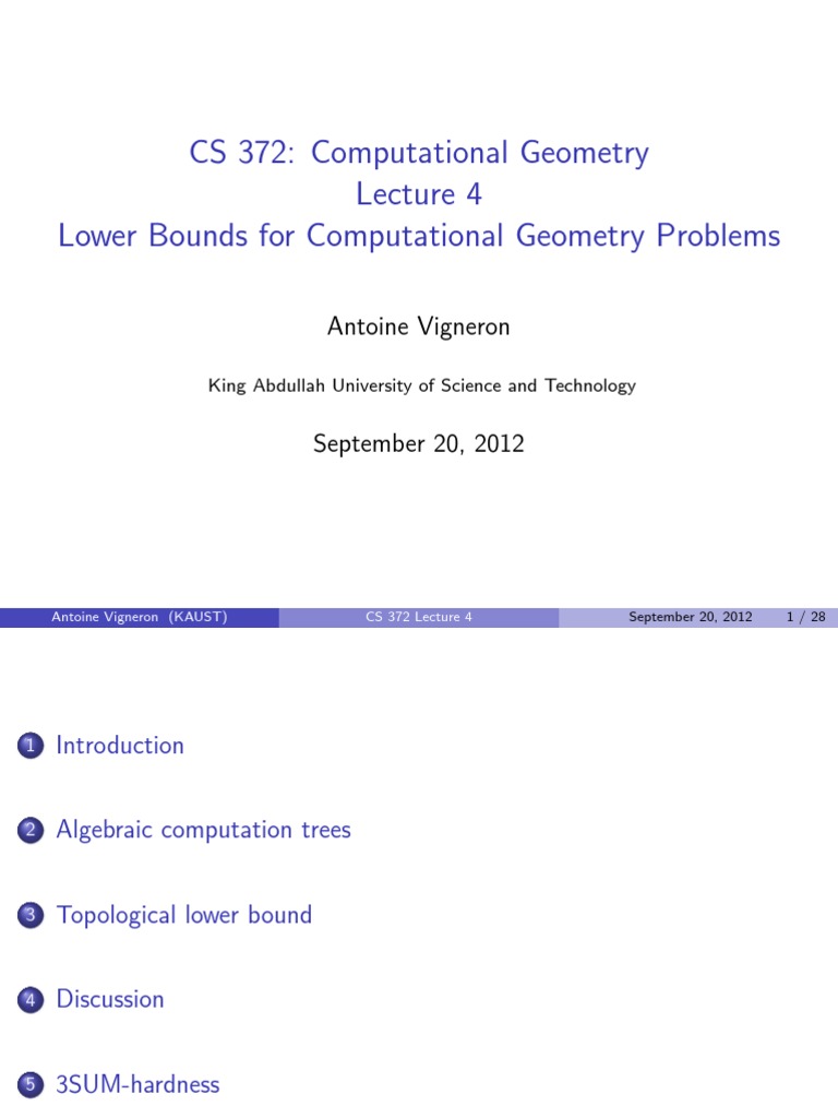 Cs 372 Computational Geometry Lower Bounds For Computational Geometry Problems Pdf Time