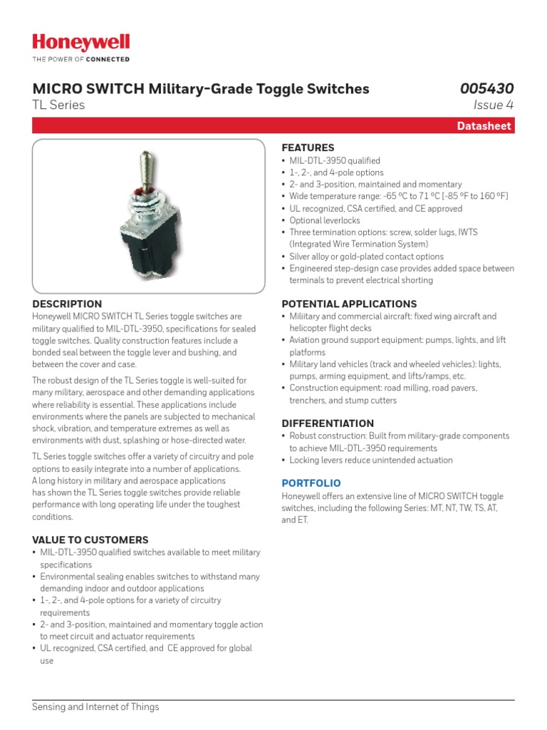 Honeywell Sensing Micro Switch TL Toggle Product Sheet 005430 | PDF ...