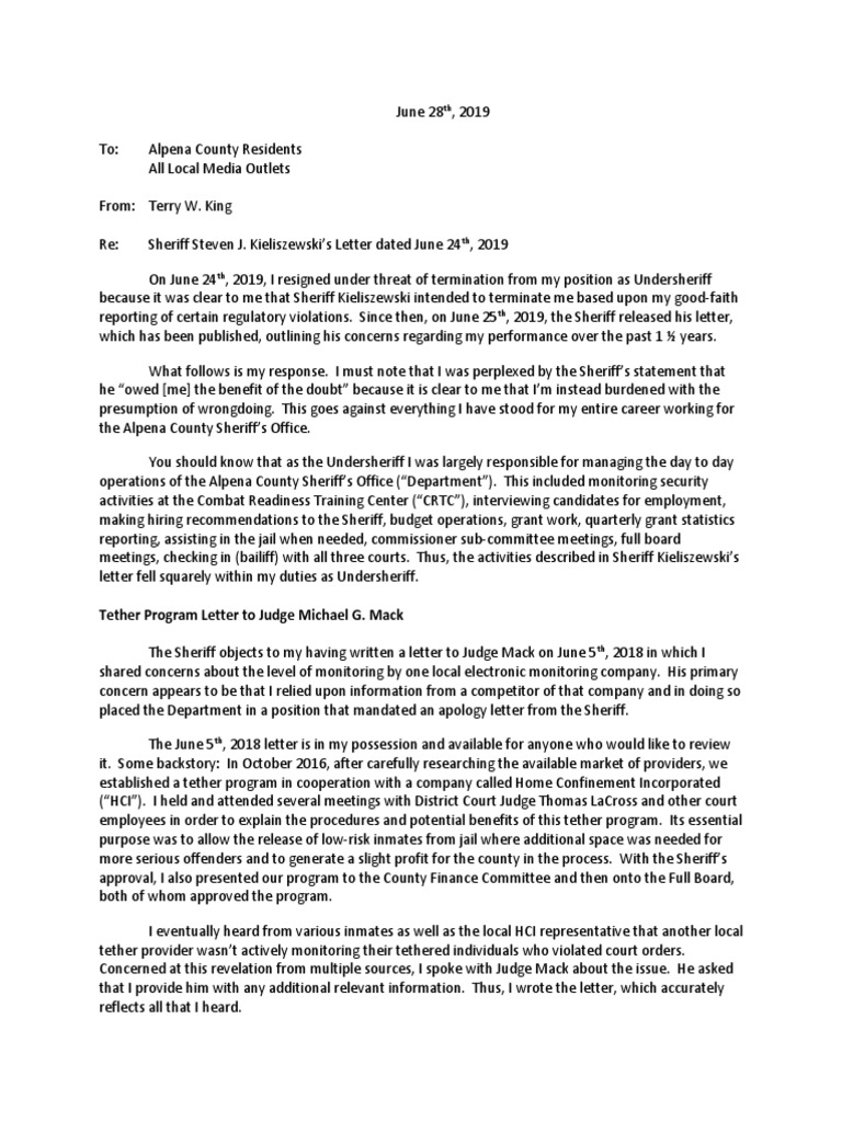 Former Alpena County Undersheriff Terry King's Letter Addressing ...