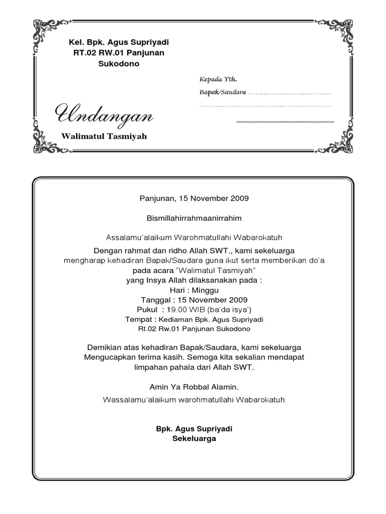 Contoh Undangan Walimatul Tasmiyah | PDF