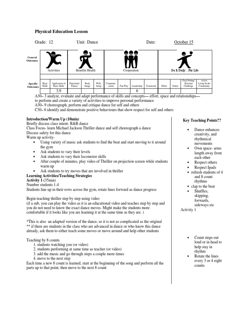 Physical Education Lesson: Grade: 12 Unit: Dance Date: October 15 | PDF ...