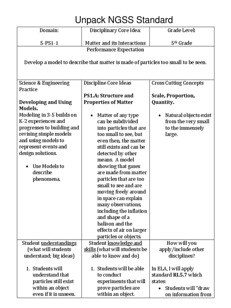 Unpacking 5th Grade NGSS Standards | PDF | Particle | Matter
