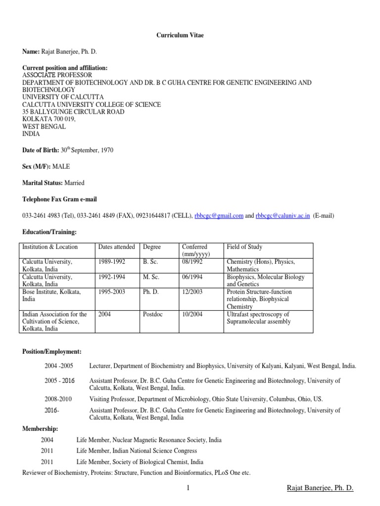 CV of Dr. Rajat Banerjee | PDF | Translation (Biology) | Proteins