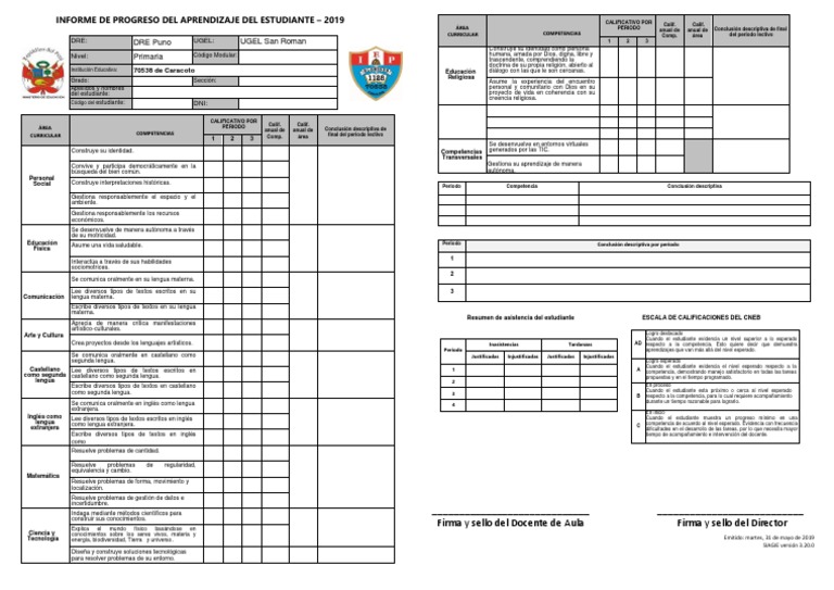 Boleta de Notas Primaria 2019 3 Periodos | Descargar gratis PDF ...