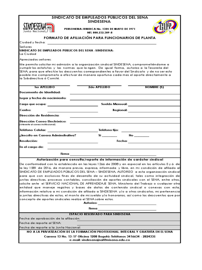 Formato de Afiliacion Funcionarios de Planta. | PDF | Sindicato | Gobierno