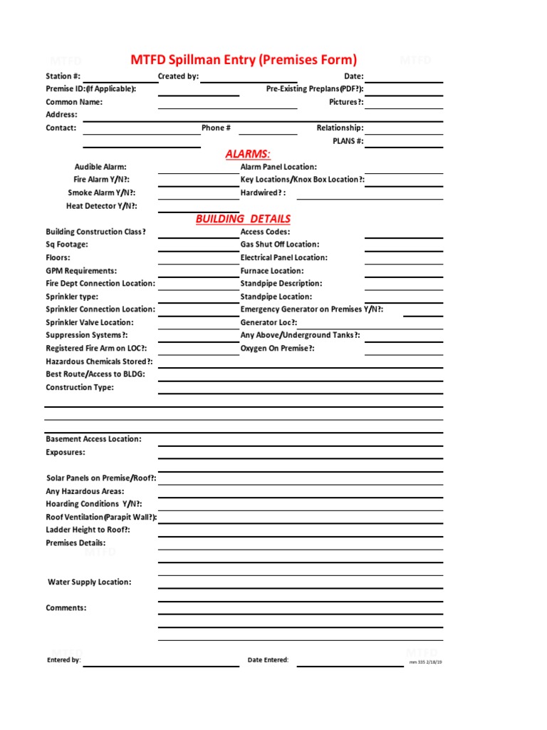MTFD Spillman Entry (Premises Form) | PDF