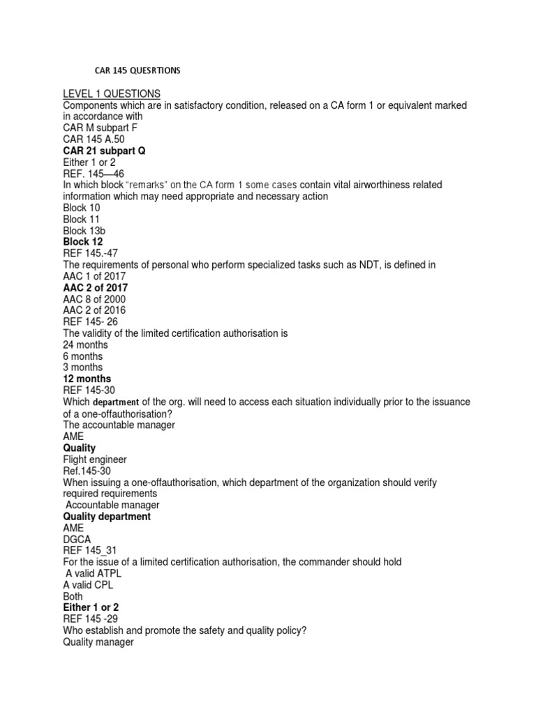 Car 145 Questions | PDF | Aviation | Business