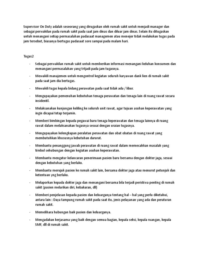 Supervisor On Duty Adalah Seseorang Yang Dirugaskan Oleh Rumah Sakit ...