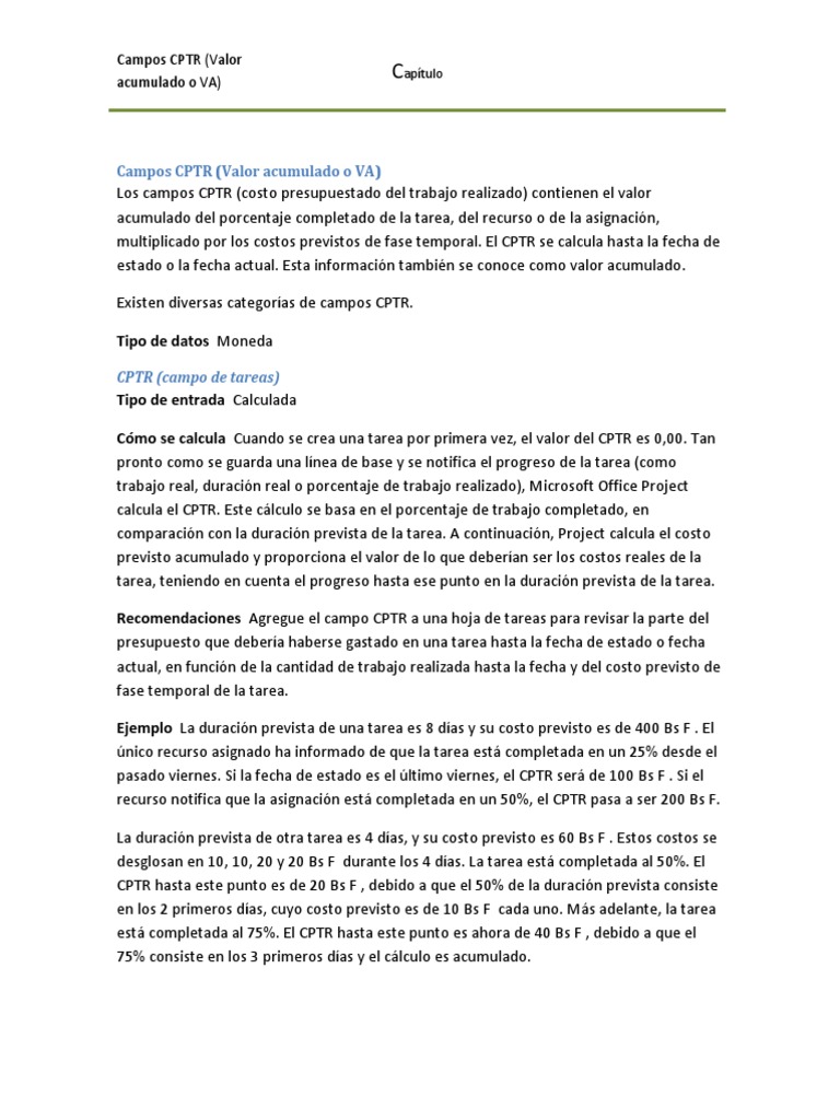Campos CPTR (Valor Acumulado o VA) MS Project | PDF | Microsoft ...