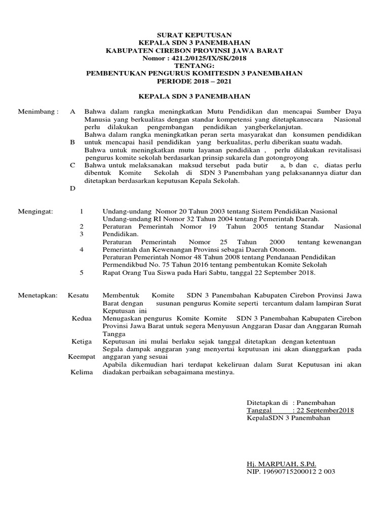 Contoh SK Komite Sekolah 1821 | PDF
