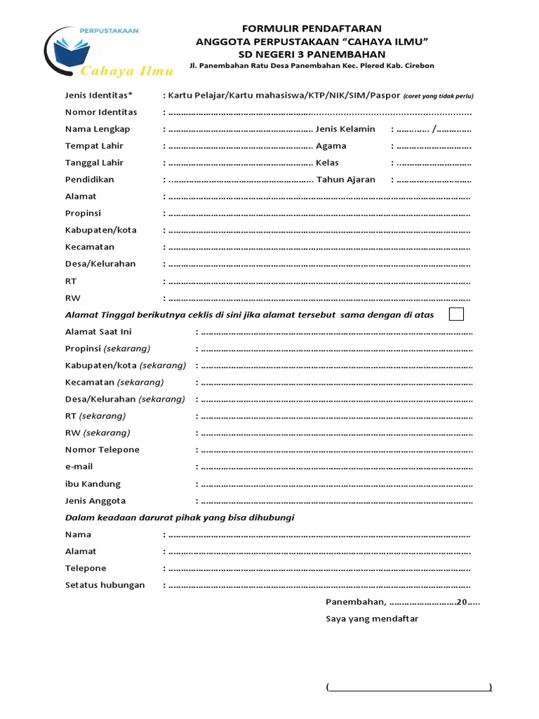 Formulir Pendaftaran Anggota Perpustakaan SD | PDF