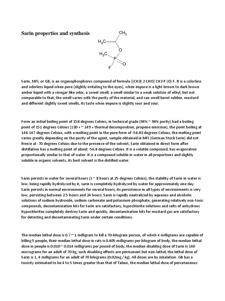 Sarin Properties and Synthesis PDF | PDF | Dose (Biochemistry) | Chemistry