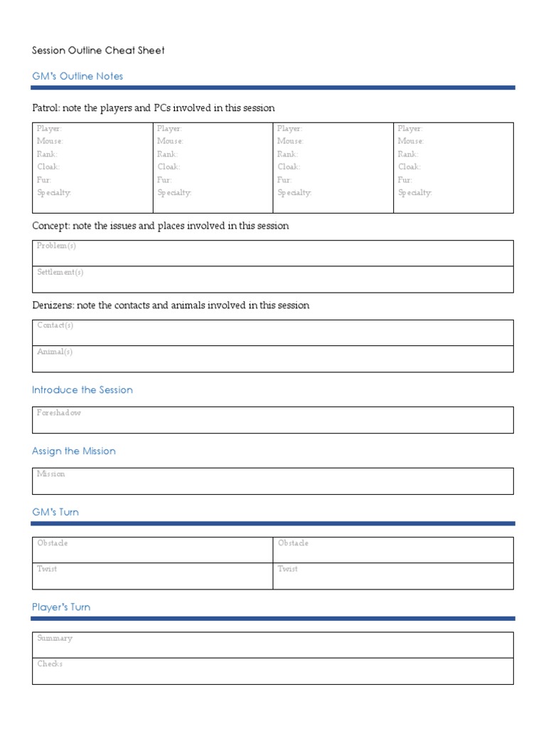 Session Outline Cheat Sheet