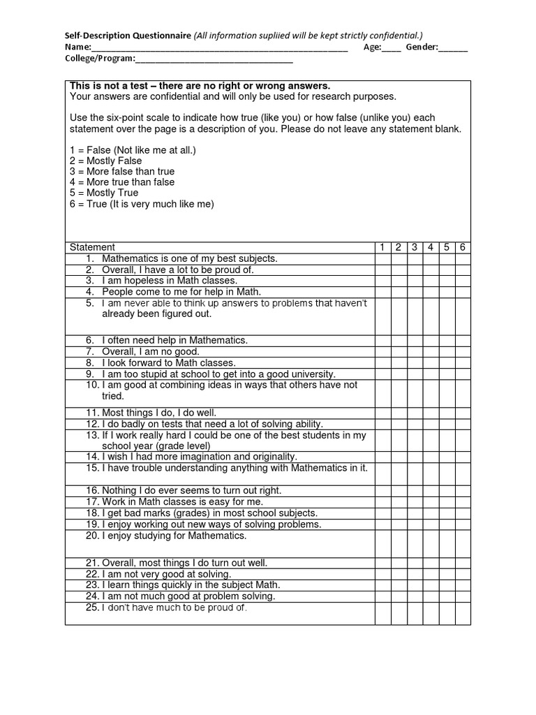 Self-Description Questionnaire | PDF | Teaching Mathematics | Behavior ...