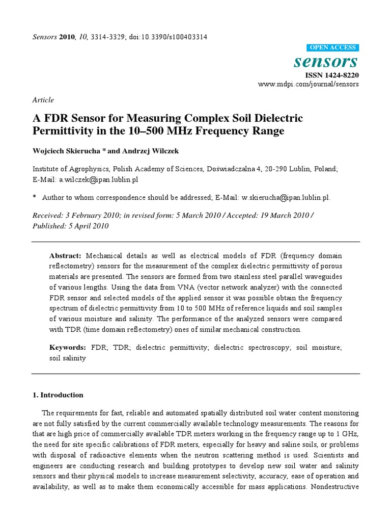 Sensors: A FDR Sensor For Measuring Complex Soil Dielectric ...