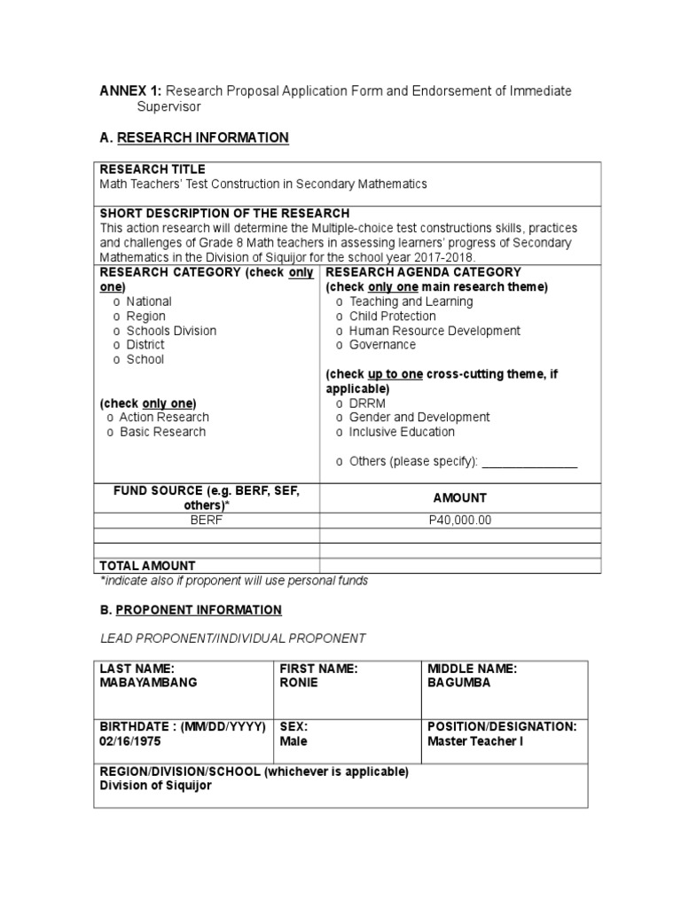 ANNEX 1-Research Proposal Application Form and Endorsement of Immediate Supervisor | PDF ...