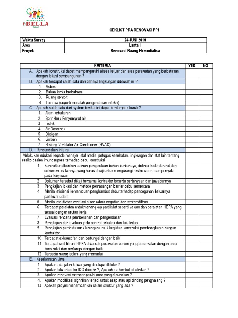Icra Ceklist Pre Renovasi Ruangan HD | PDF
