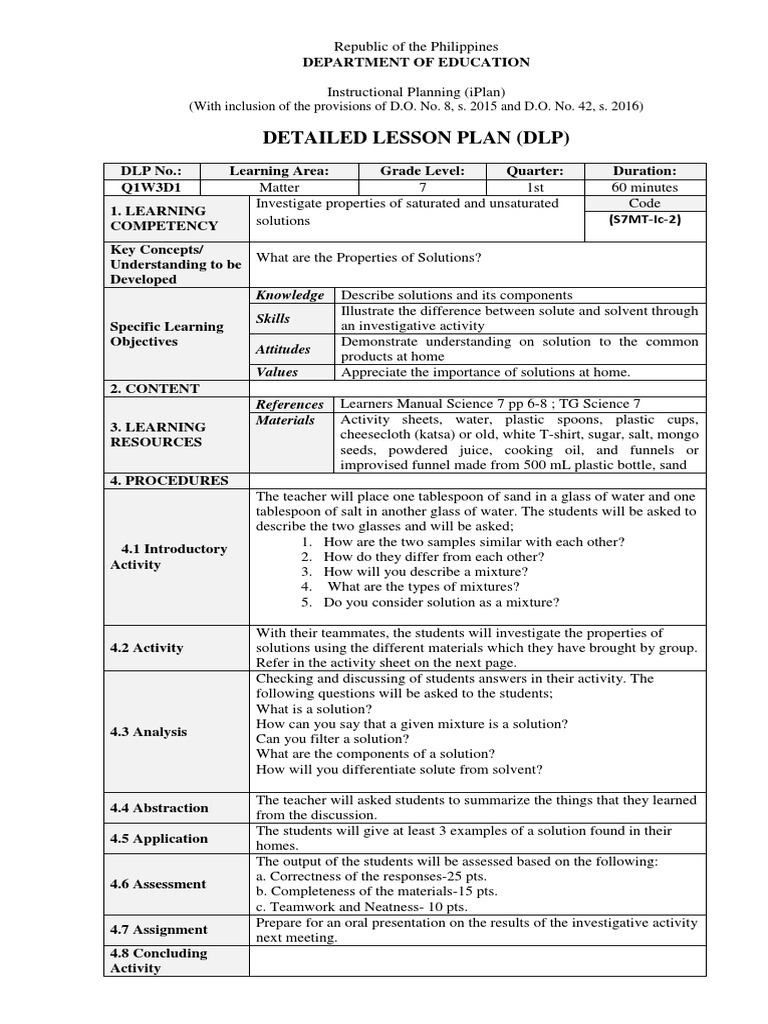Detailed Lesson Plan (DLP) | PDF | Solution | Filtration