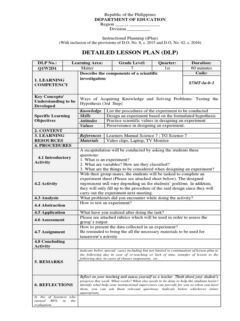 DLP Bohol - Science7 Q1 W2 D1 | PDF | Experiment | Lesson Plan