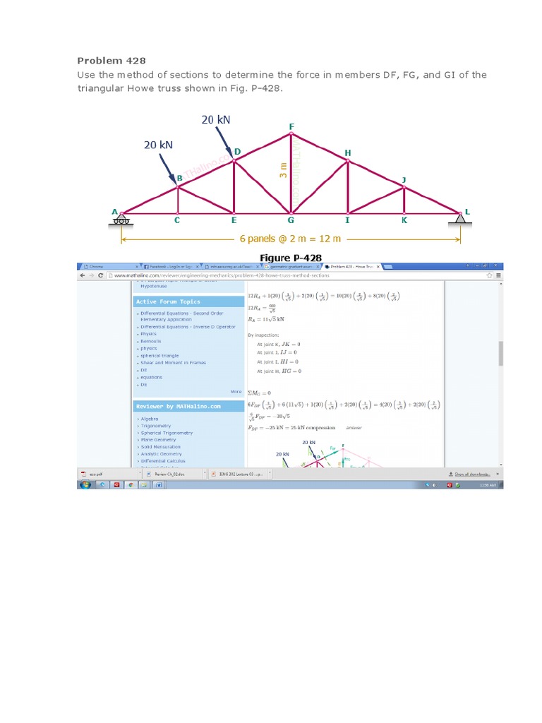 Determining Forces in Members DF, FG, and GI of a Triangular Howe Truss ...