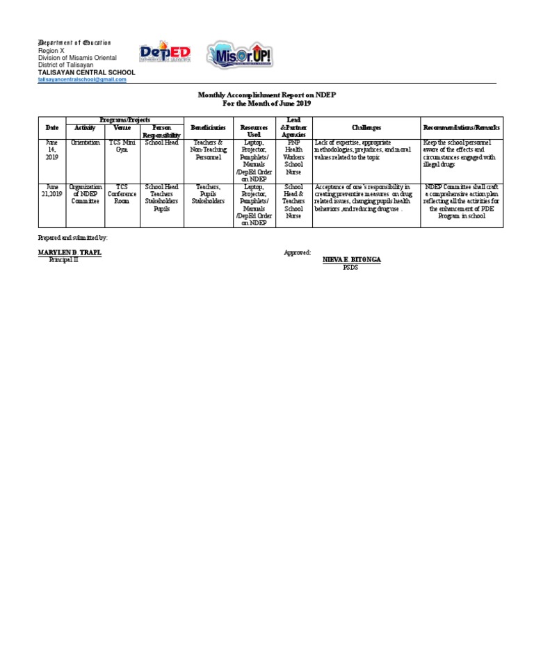 Department of Education: Monthly Accomplishment Report On NDEP For The ...