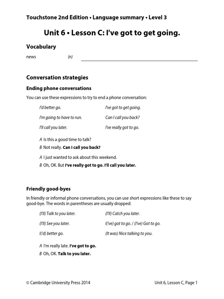 Unit 6 - Lesson C: I've Got To Get Going.: Touchstone 2nd Edition - Language Summary - Level 3 ...