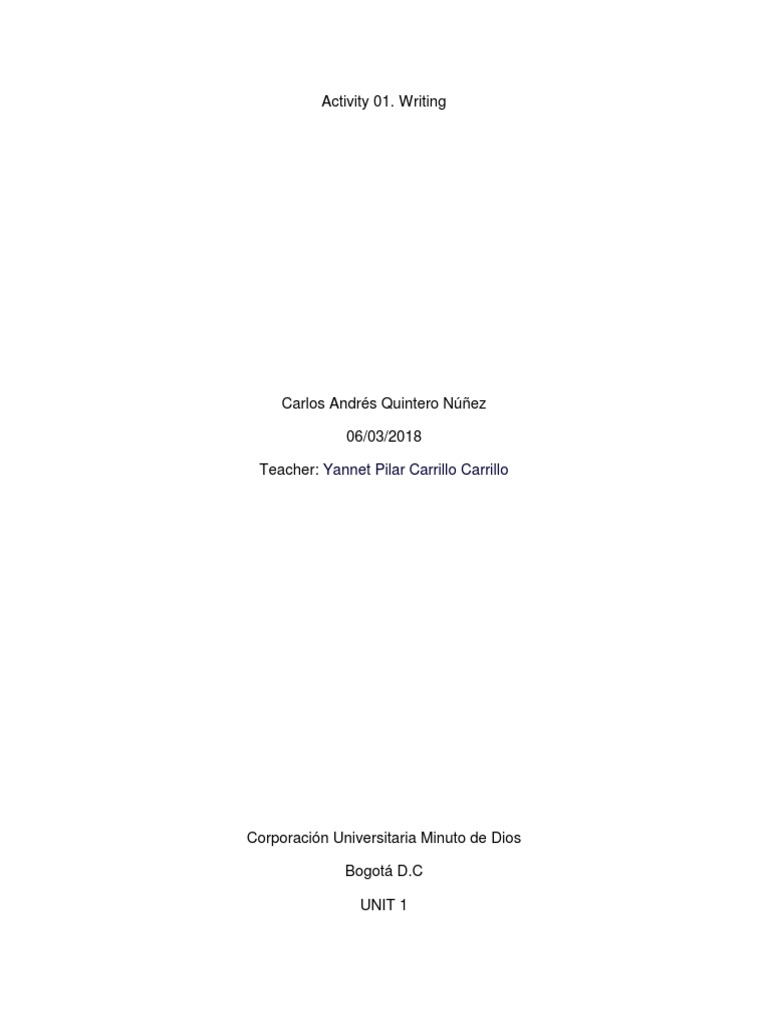 Activity 01. Writing: Yannet Pilar Carrillo Carrillo | PDF